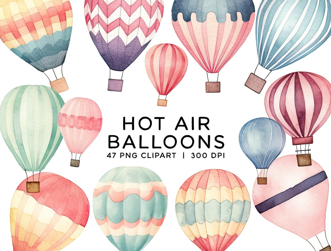 Hot Air Balloons Clipart Bundle, Cute Watercolor Pastel PNG Balloons ...
