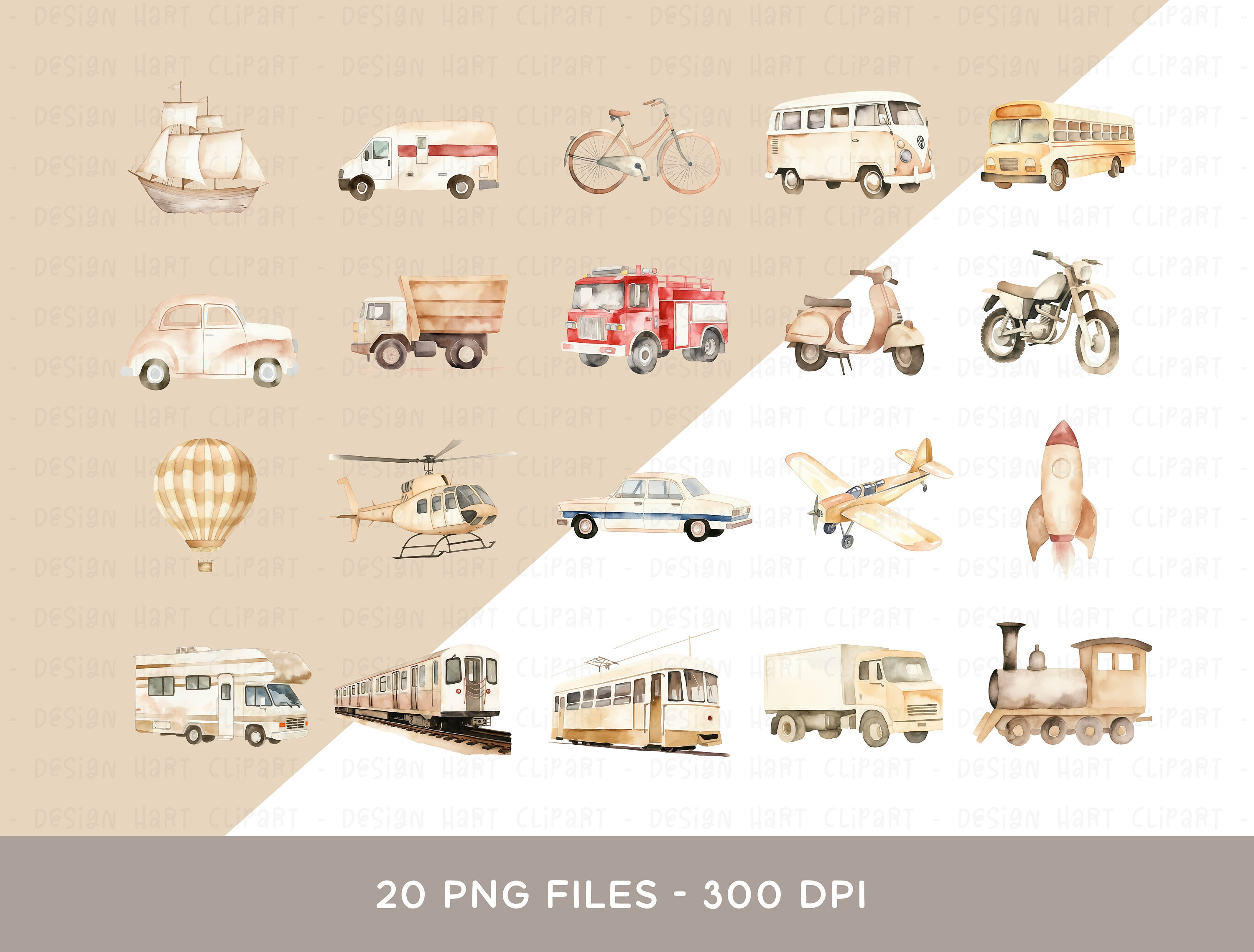 Transport Clipart Bundle Set, Watercolor Bus Car Plane Train Helicopter ...