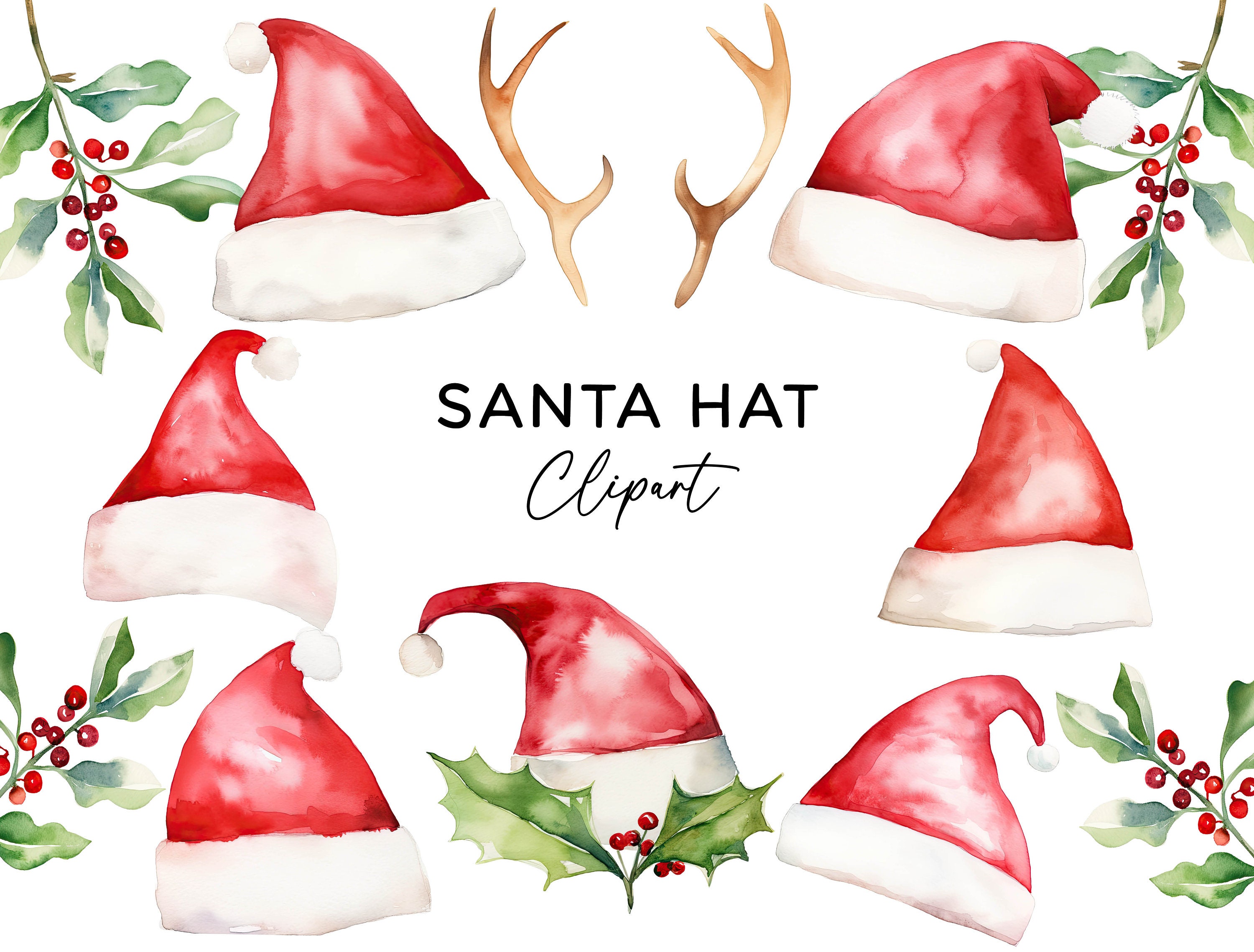 Santa Hat Clipart Bundle: Watercolor Christmas Red Hat PNG - Etsy