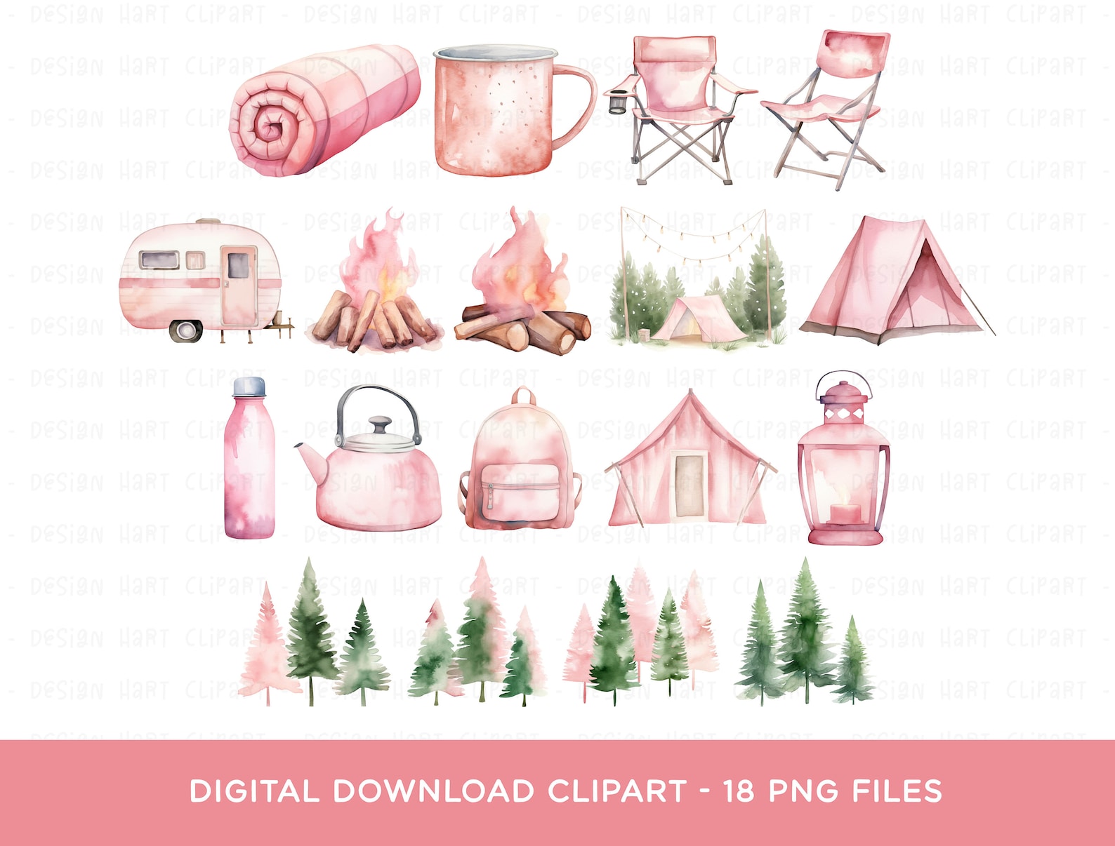 Pink Camping Clipart Bundle, Watercolor Adventure Camper Tent Campfire ...