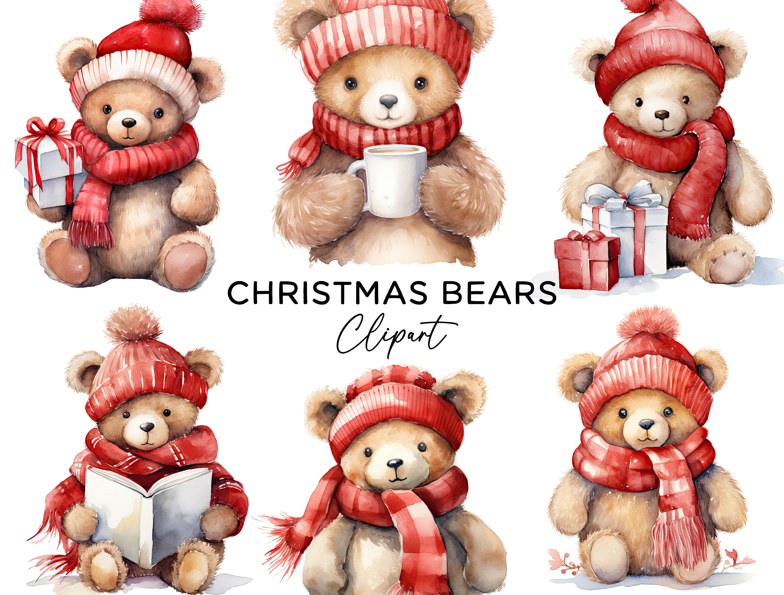 Christmas Teddy Bear Watercolor Clipart, Festive Xmas Bear Red Hat ...