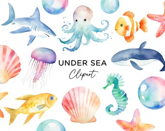Ocean Clipart Bundle, Watercolor Under the Sea Creatures Animals Beach ...