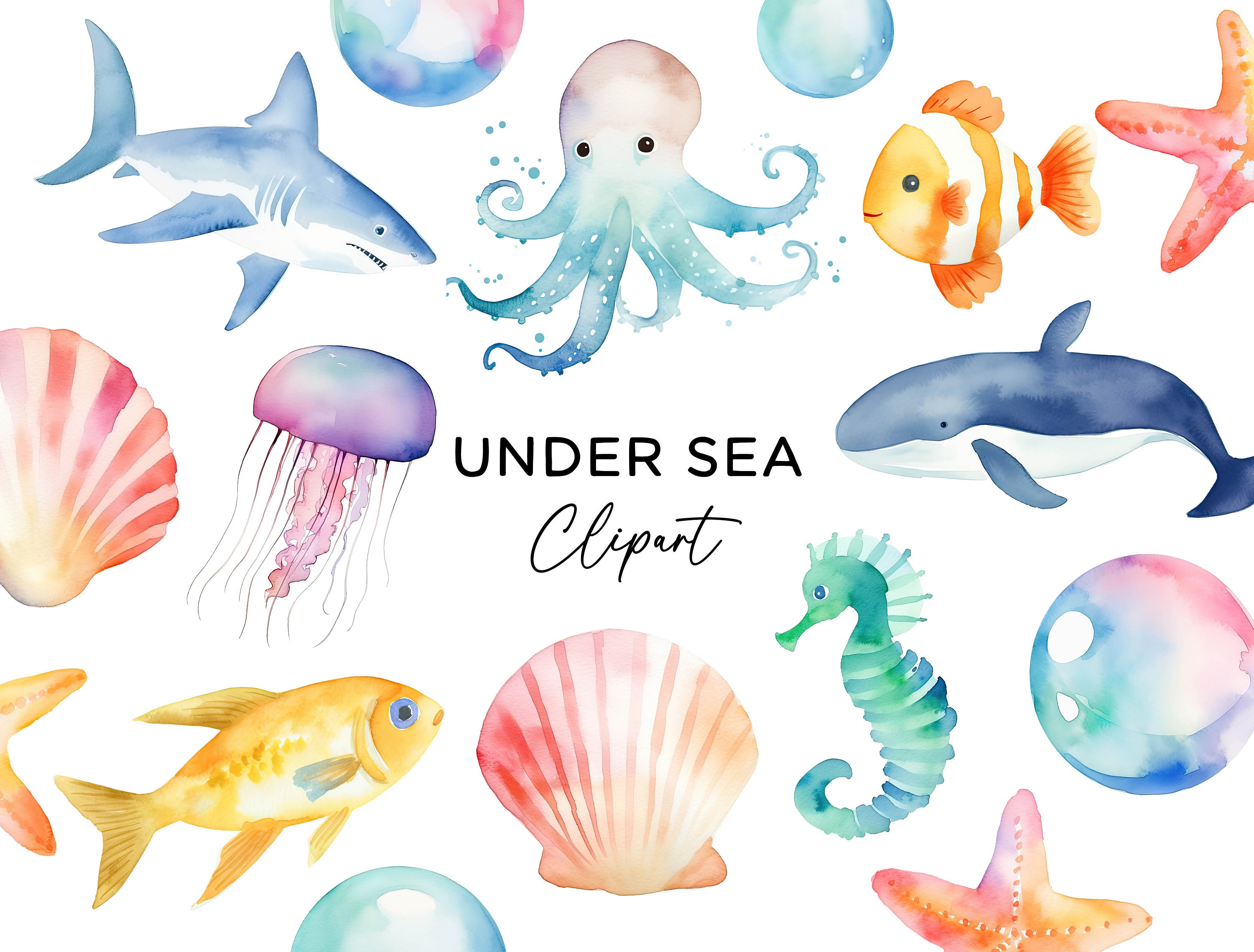 Ocean Creatures Clipart Bundle, Watercolor Under the Sea Animals Beach ...