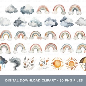 Weather Clipart Bundle, Watercolor Sun Clouds Rainbow Storm Summer ...