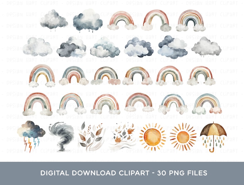 Weather Clipart Bundle, Watercolor Sun Clouds Rainbow Storm Summer ...