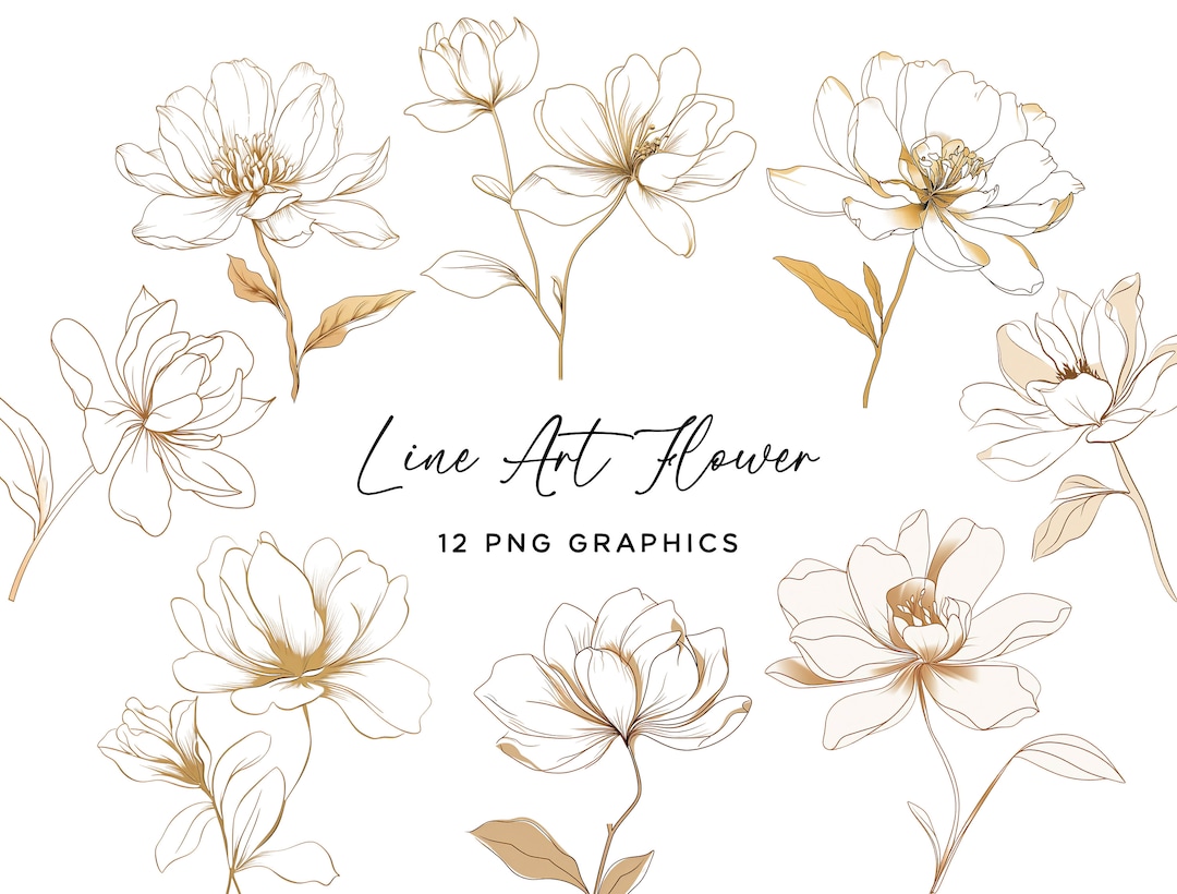 Line Art Flower Clipart Bundle - Gold Minimalist Floral Watercolor PNG ...