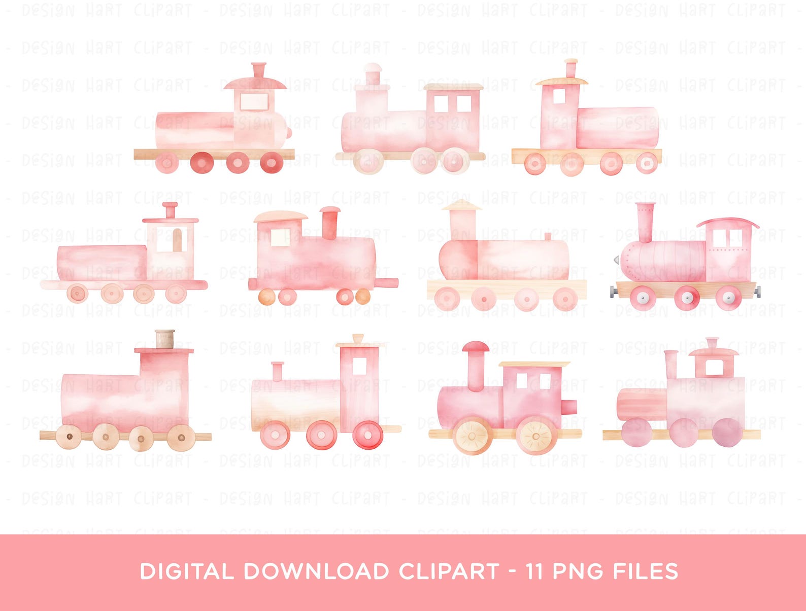 Train Clipart Bundle, PNG Download Watercolor Pink Vintage Classic ...