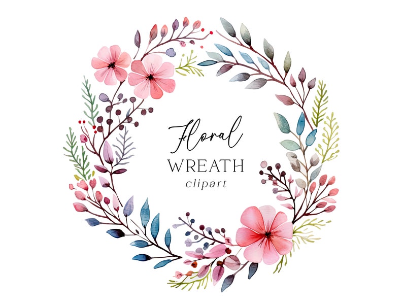Botanical Wreath Clipart - Watercolor Wildflower Floral PNG in Pink ...