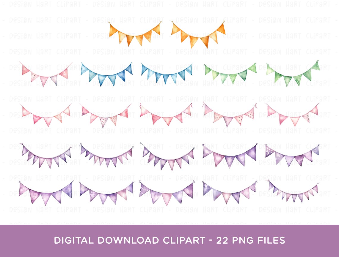 Bunting Clipart Bundle, Watercolor Pastel Flag PNG Digital Download ...