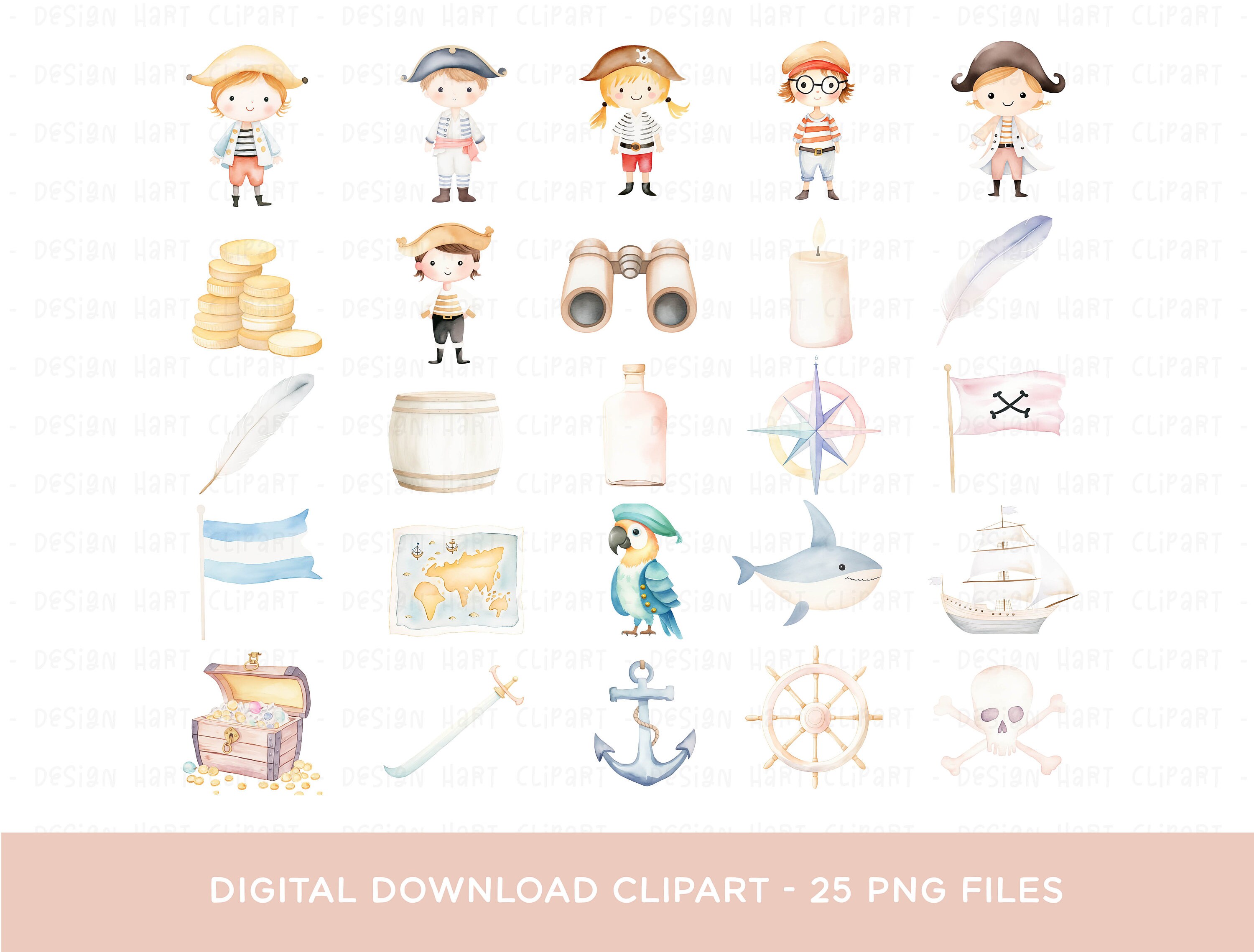 Pirate Clipart Bundle Watercolor Treasure Ship Map Skulls Nautical PNG ...