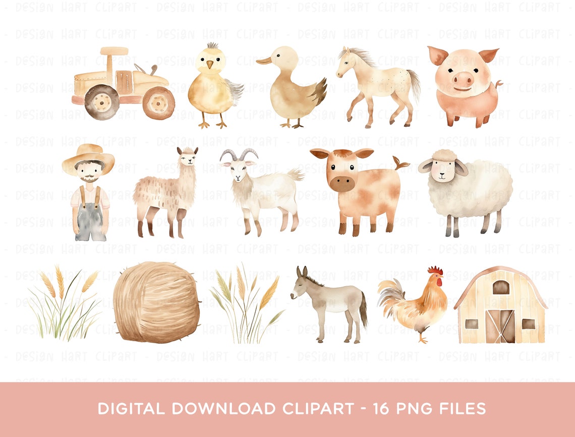Farm Animals Clipart Bundle Watercolor Barnyard Tractor Pig Duck Horse ...