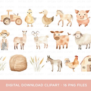 Farm Animals Clipart Bundle - Watercolor Barnyard Tractor Pig Duck ...