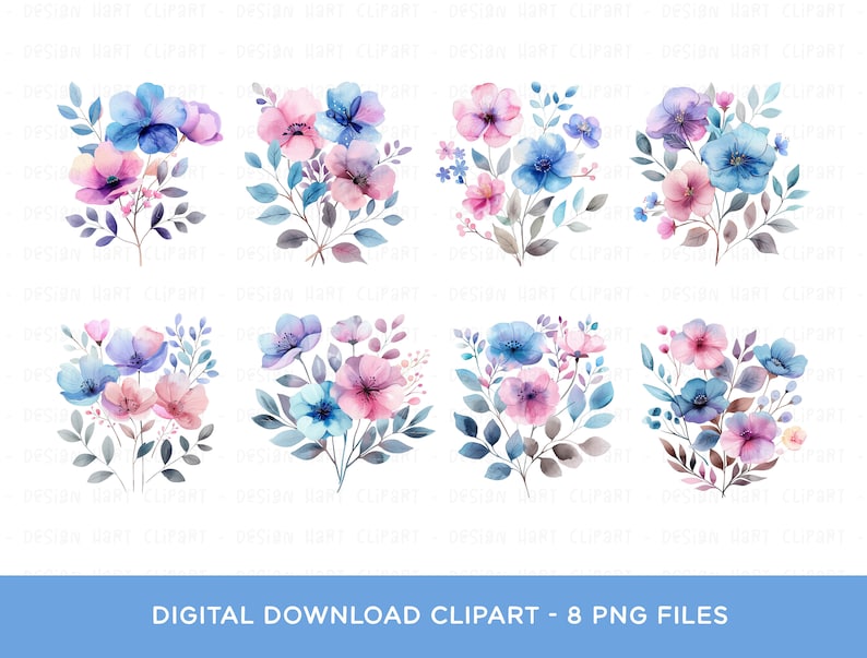 Floral Bouquet Clipart Bundle, Watercolor Blue Purple Pink Botanical ...