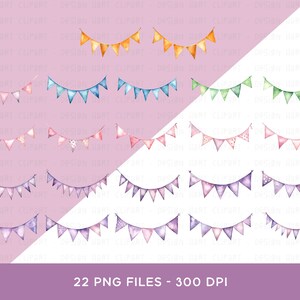 Bunting Clipart Bundle, Watercolor Pastel Flag PNG Digital Download ...