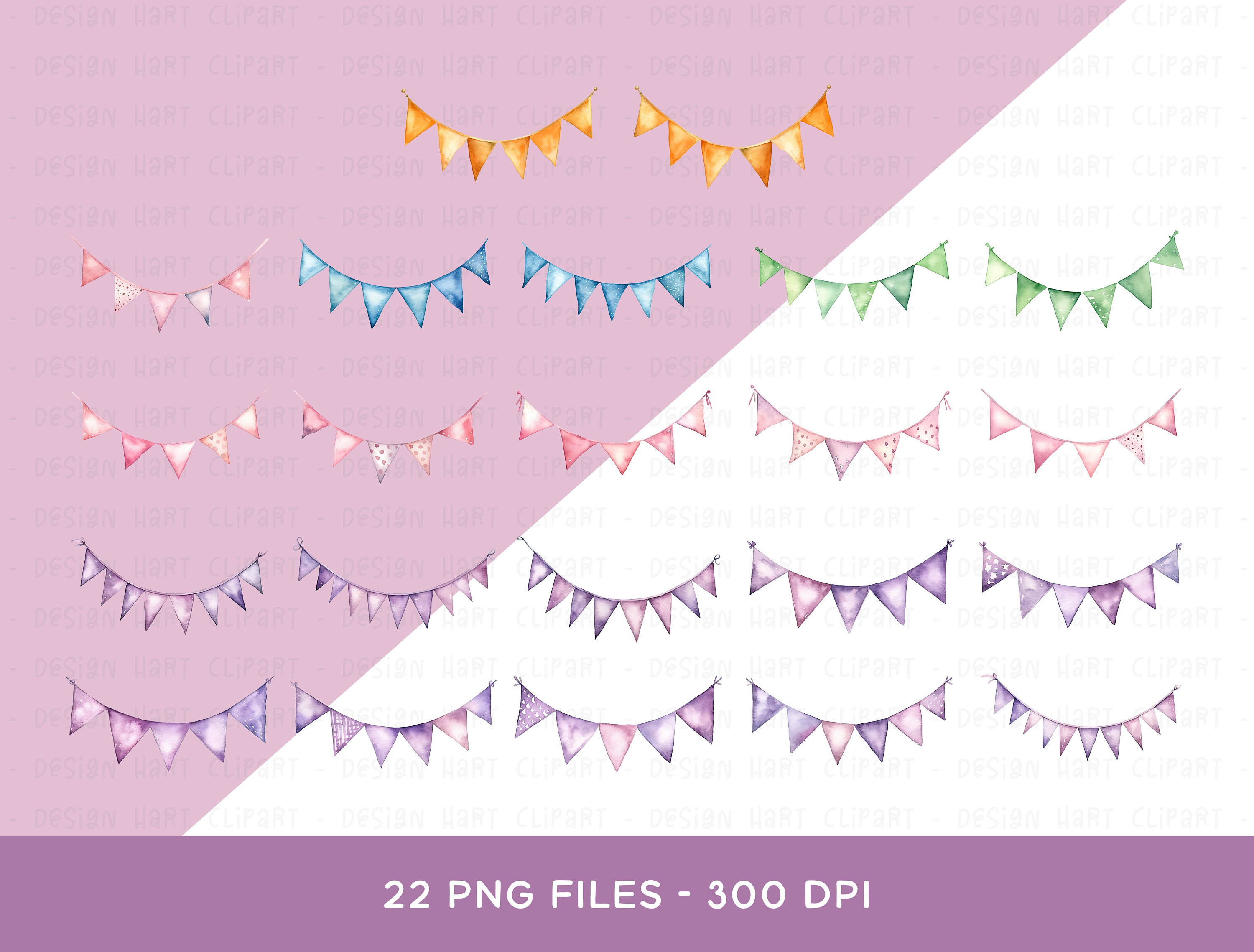 Bunting Clipart Bundle, Watercolor Pastel Flag PNG Digital Download ...