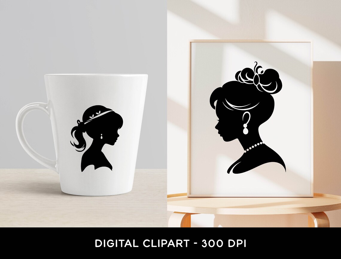 Princess Silhouette Clipart Bundle, Black & White Outline Art PNG SVG ...