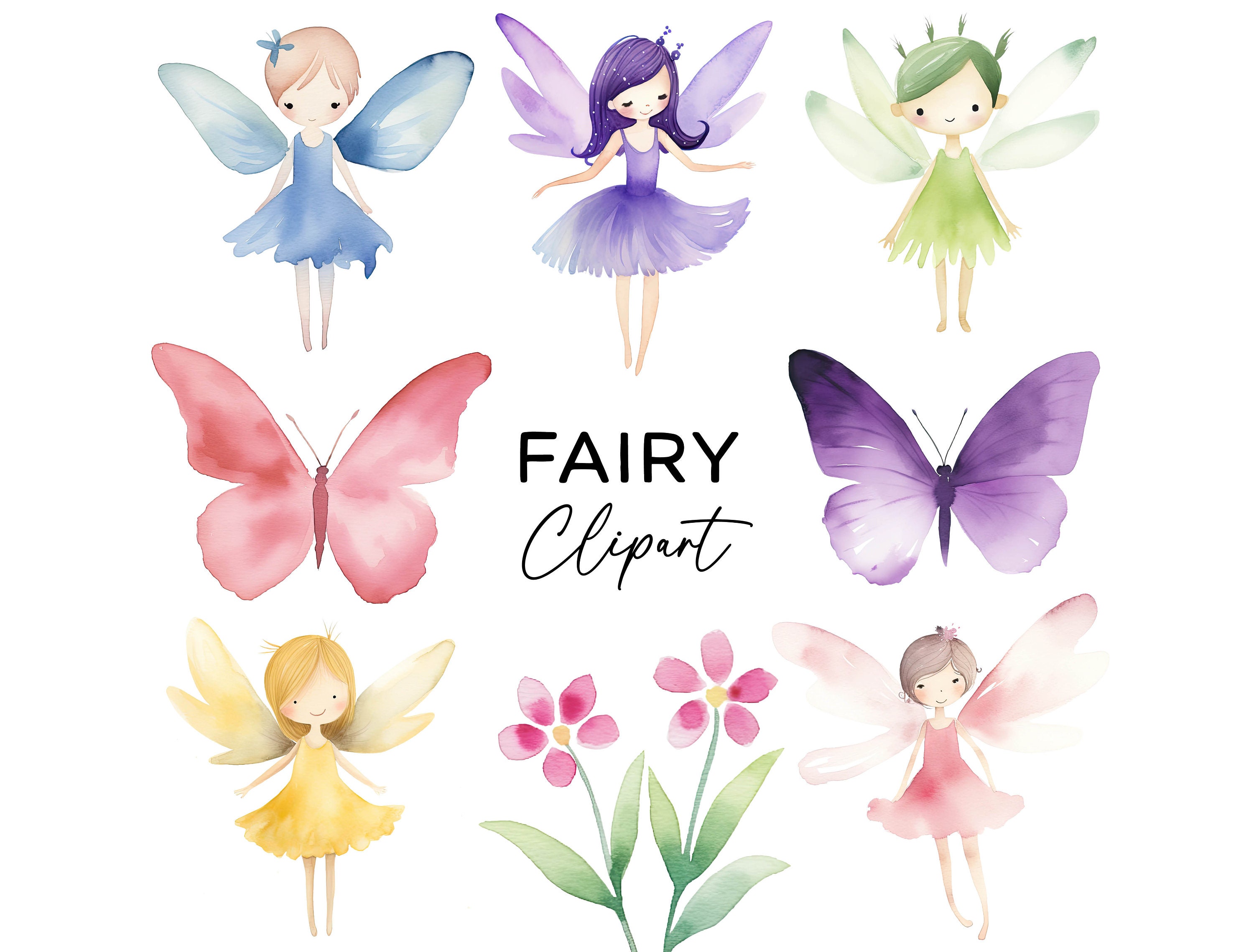 Fairy Clipart Bundle, Watercolor Colorful Magical PNG Graphics Digital ...