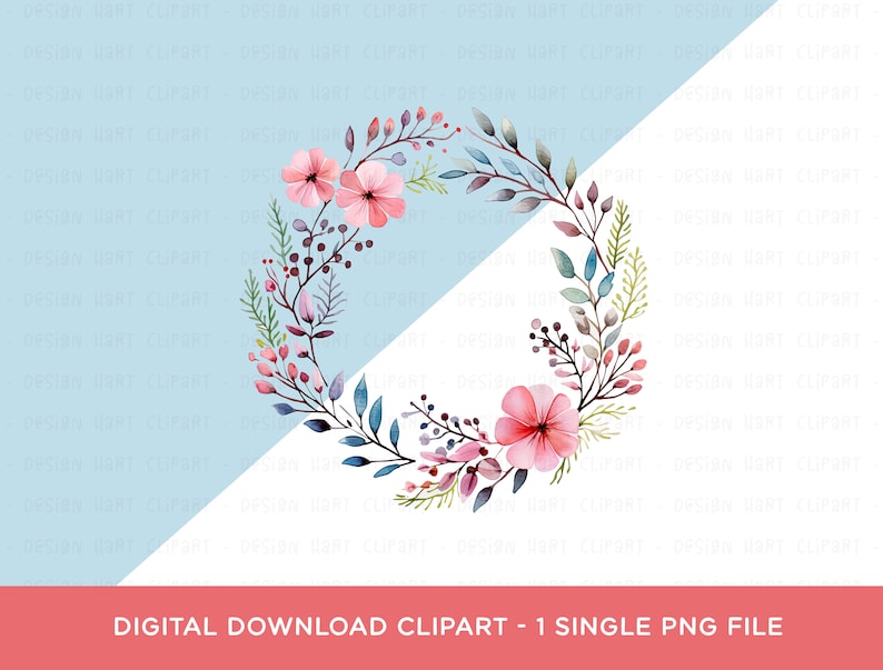 Botanical Wreath Clipart - Watercolor Wildflower Floral PNG in Pink ...