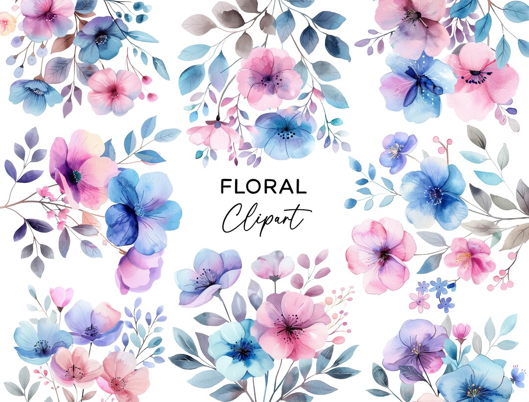 Floral Bouquet Clipart Bundle, Watercolor Blue Purple Pink Botanical ...