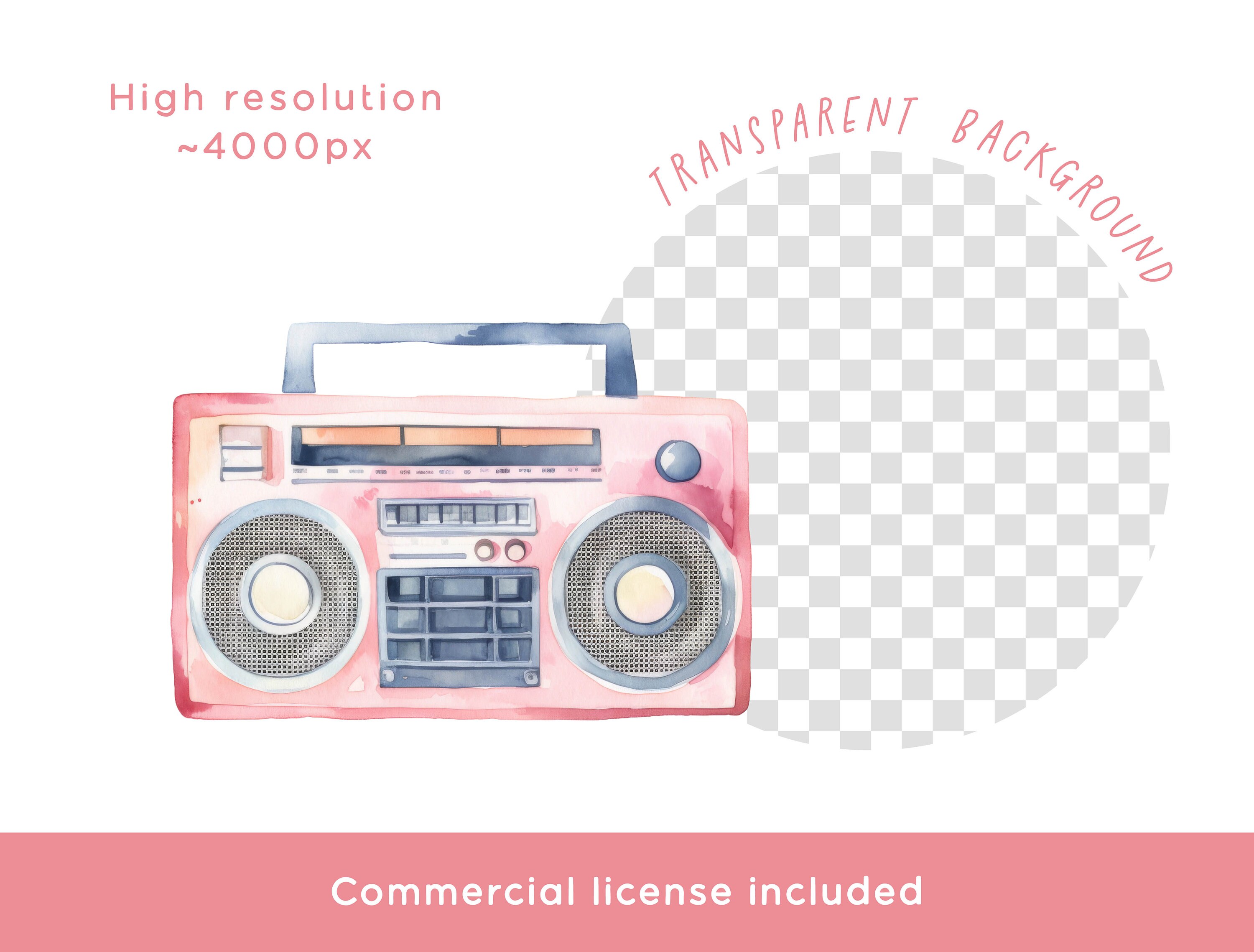 Boombox Clipart Bundle Retro 80s 90s Watercolor Vintage Radio Music ...
