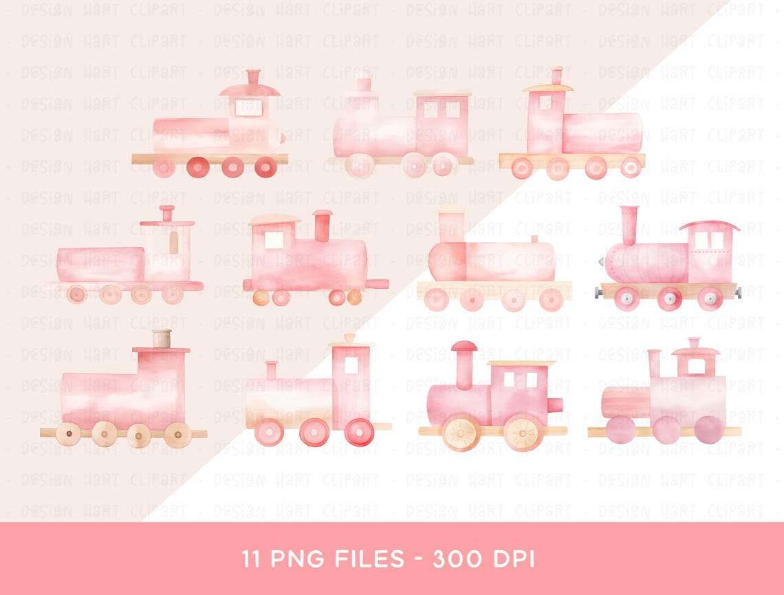 Train Clipart Bundle, PNG Download Watercolor Pink Vintage Classic ...