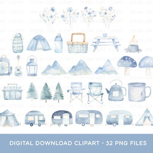 Blue Camping Clipart Bundle, Watercolor Adventure Camper Tent Campfire ...