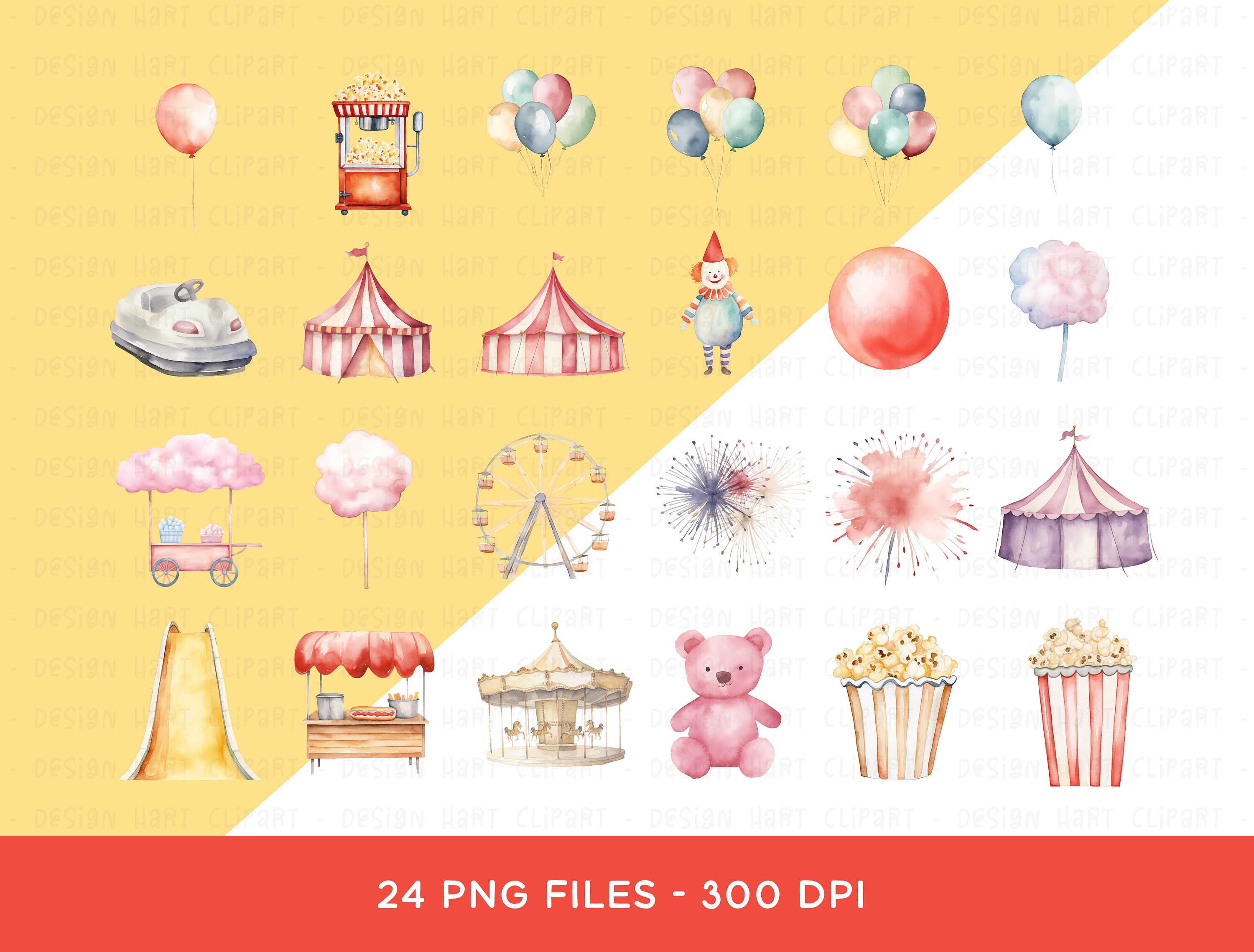 Carnival Clipart Bundle, Watercolor Circus Fair Rides Clown Fireworks ...
