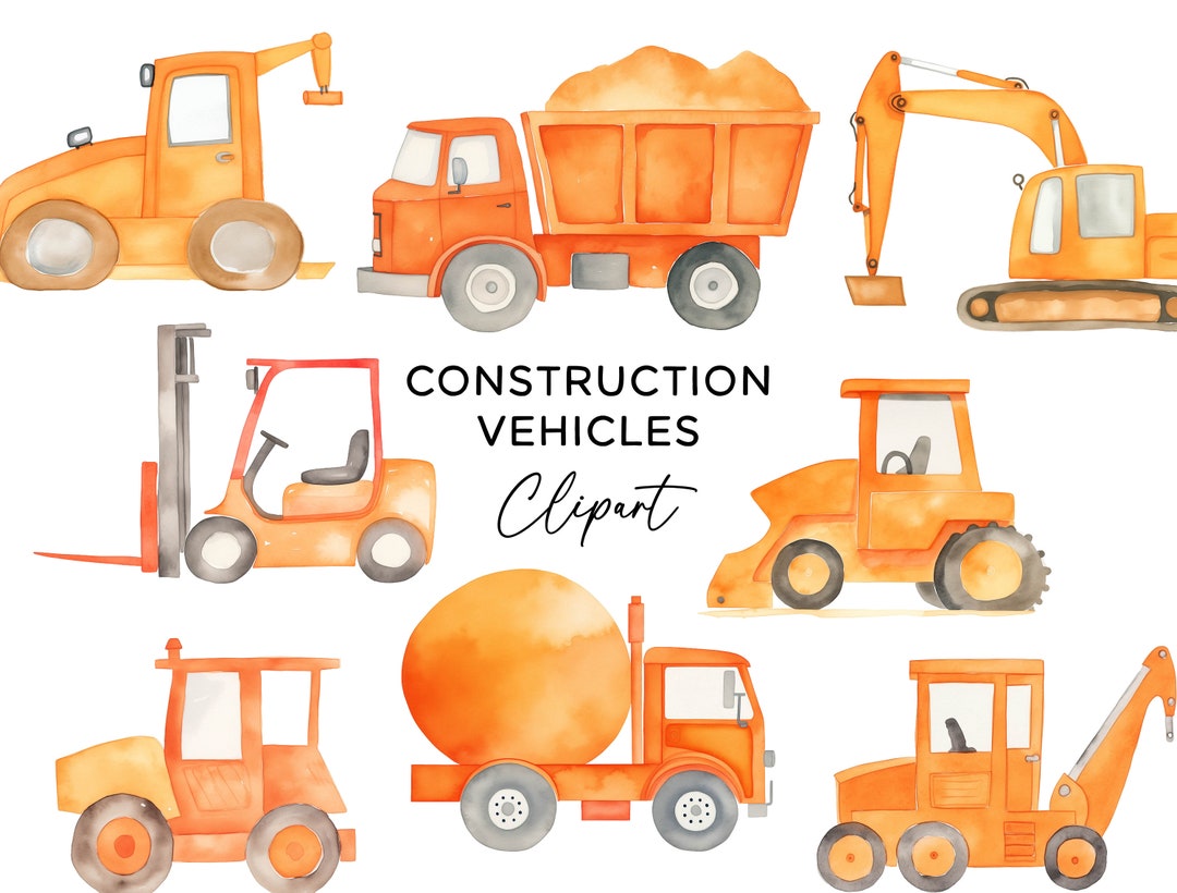 Construction Clipart Bundle, Orange Vehicles Watercolor Digger ...