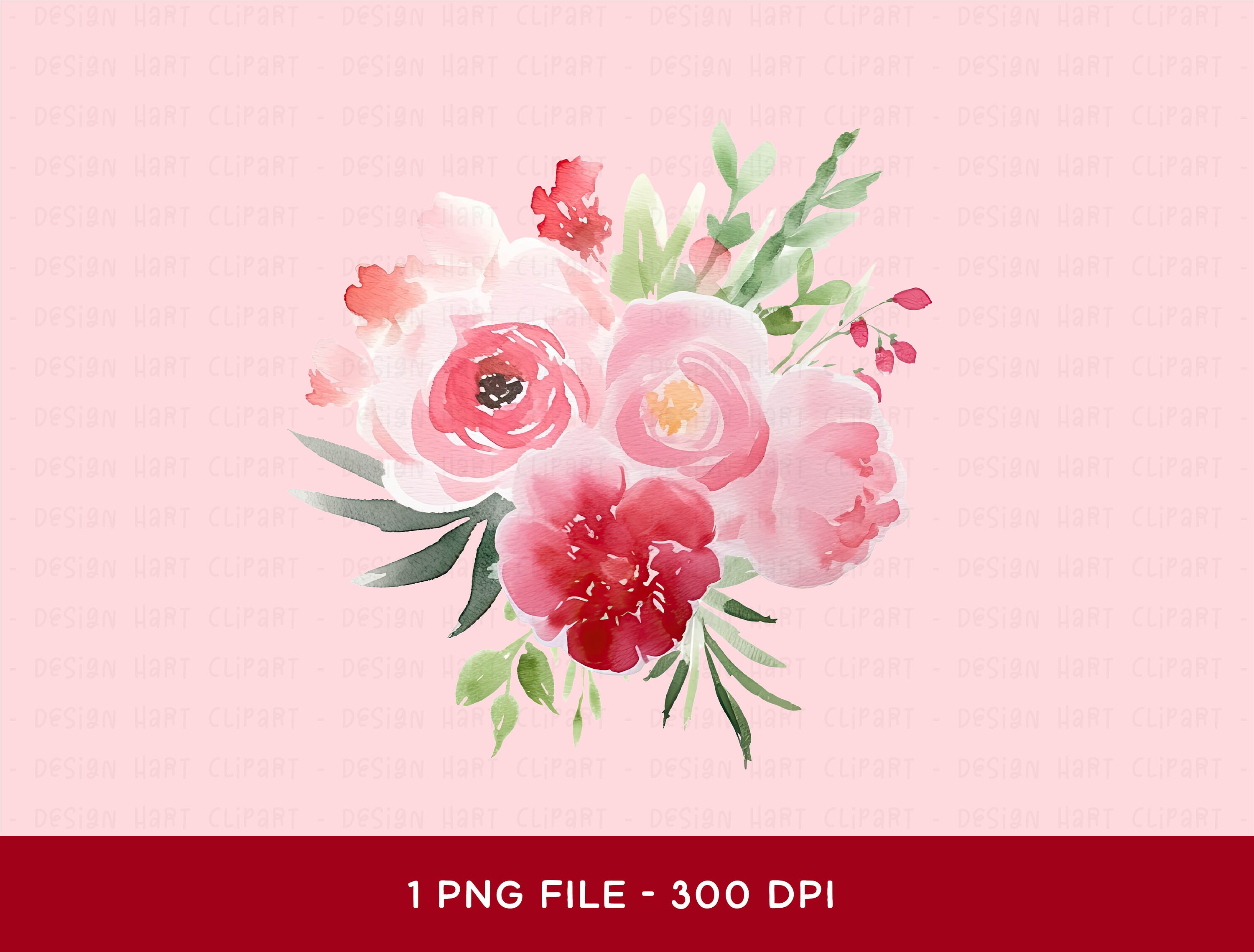 Floral Bouquet Clipart - Pastel Pink & Red Watercolor Botanical Blooms ...