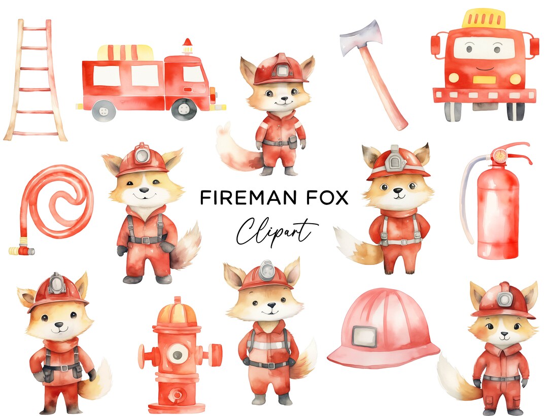 Watercolor Fireman Clipart, Firefighter Fox Instant Download Firemen ...