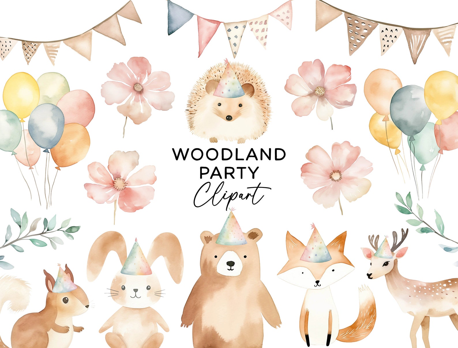 Woodland Party Animals Clipart Bundle - Watercolor Forest Deer Bear ...