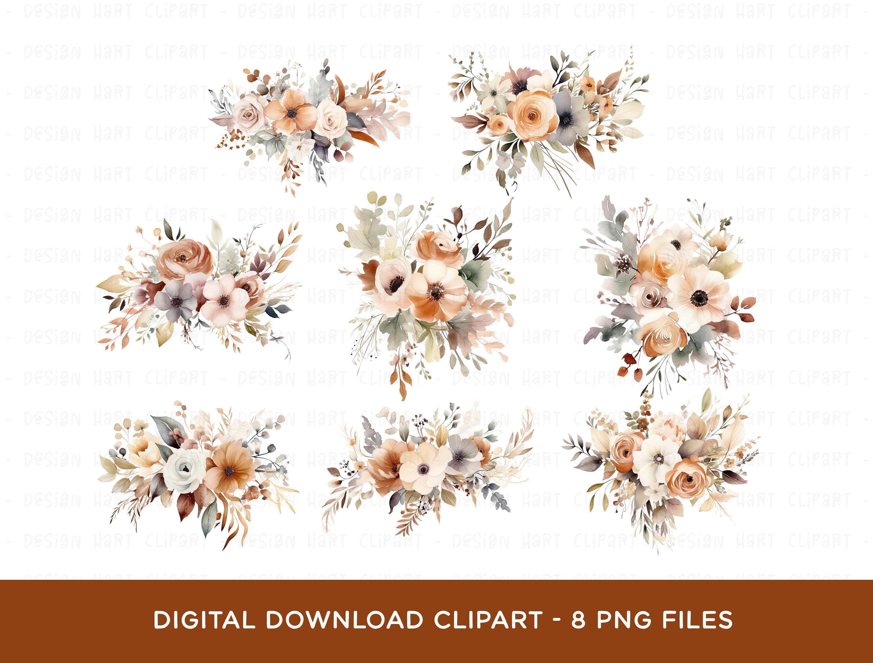 Floral Clipart Bundle, Boho Neutral Watercolor Flower Bouquets Bohemian ...