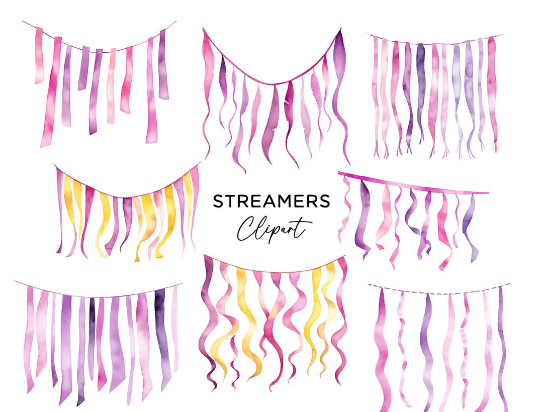 Streamers Clipart Bundle, PNG Graphics Digital Download Watercolor ...