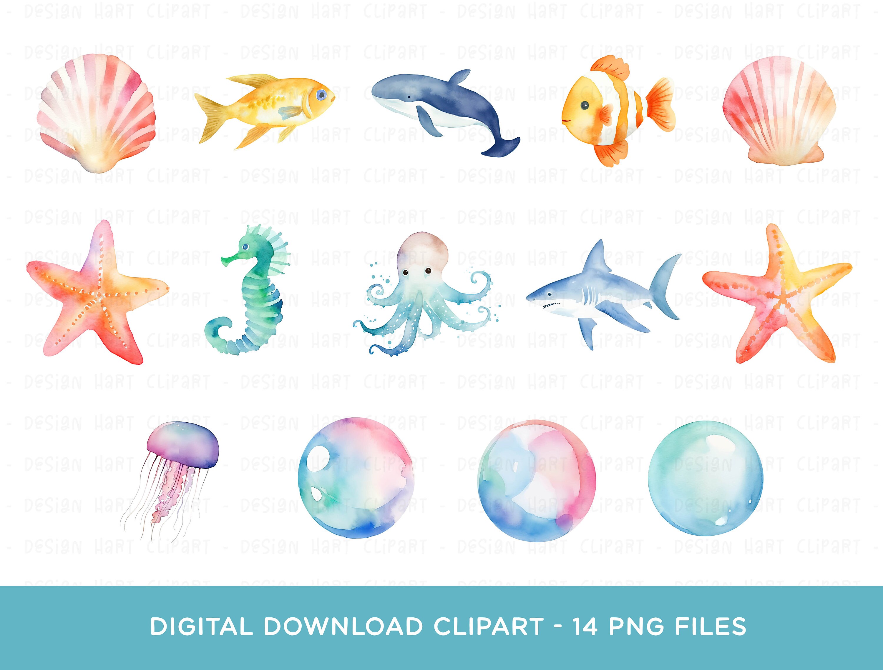 Ocean Creatures Clipart Bundle, Watercolor Under the Sea Animals Beach ...