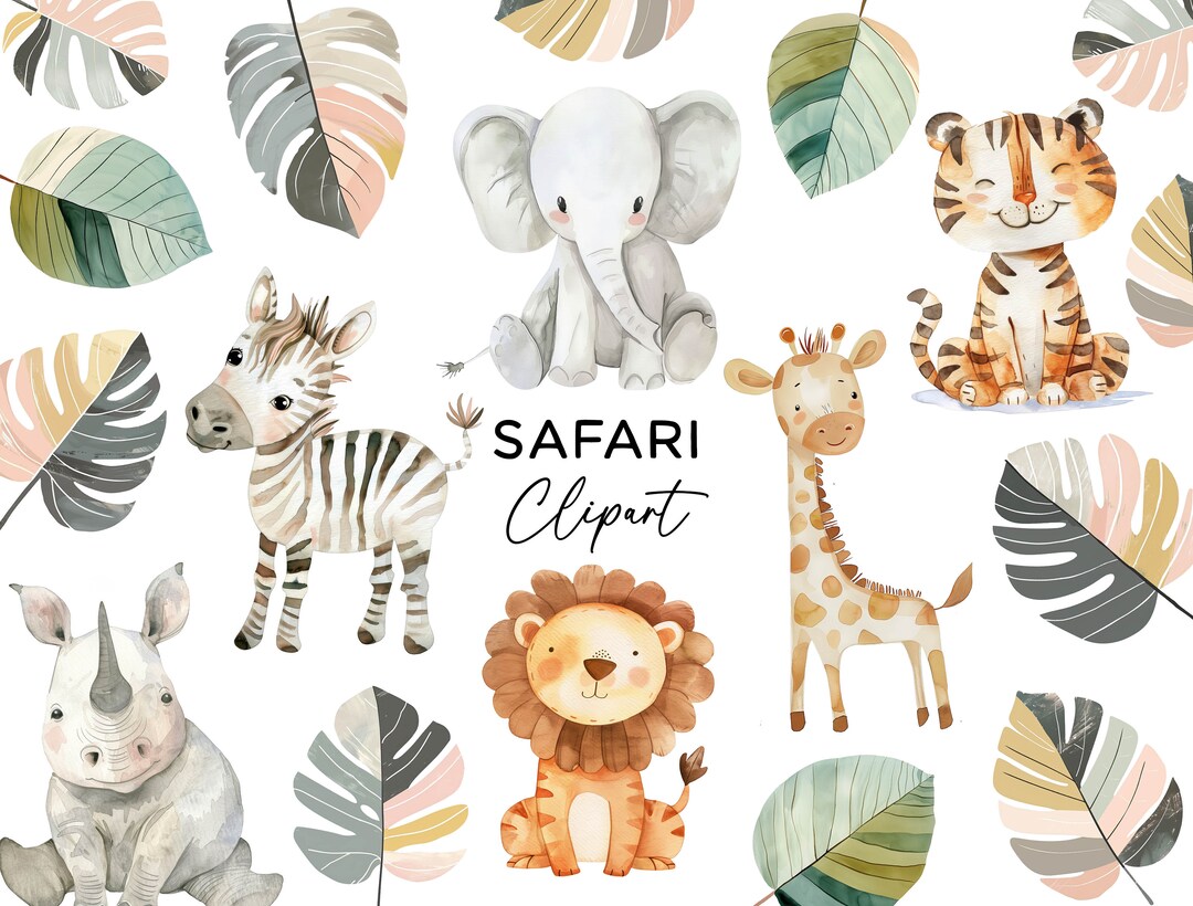 Safari Clipart Bundle - Jungle Animals Watercolor Lion Elephant Zebra ...