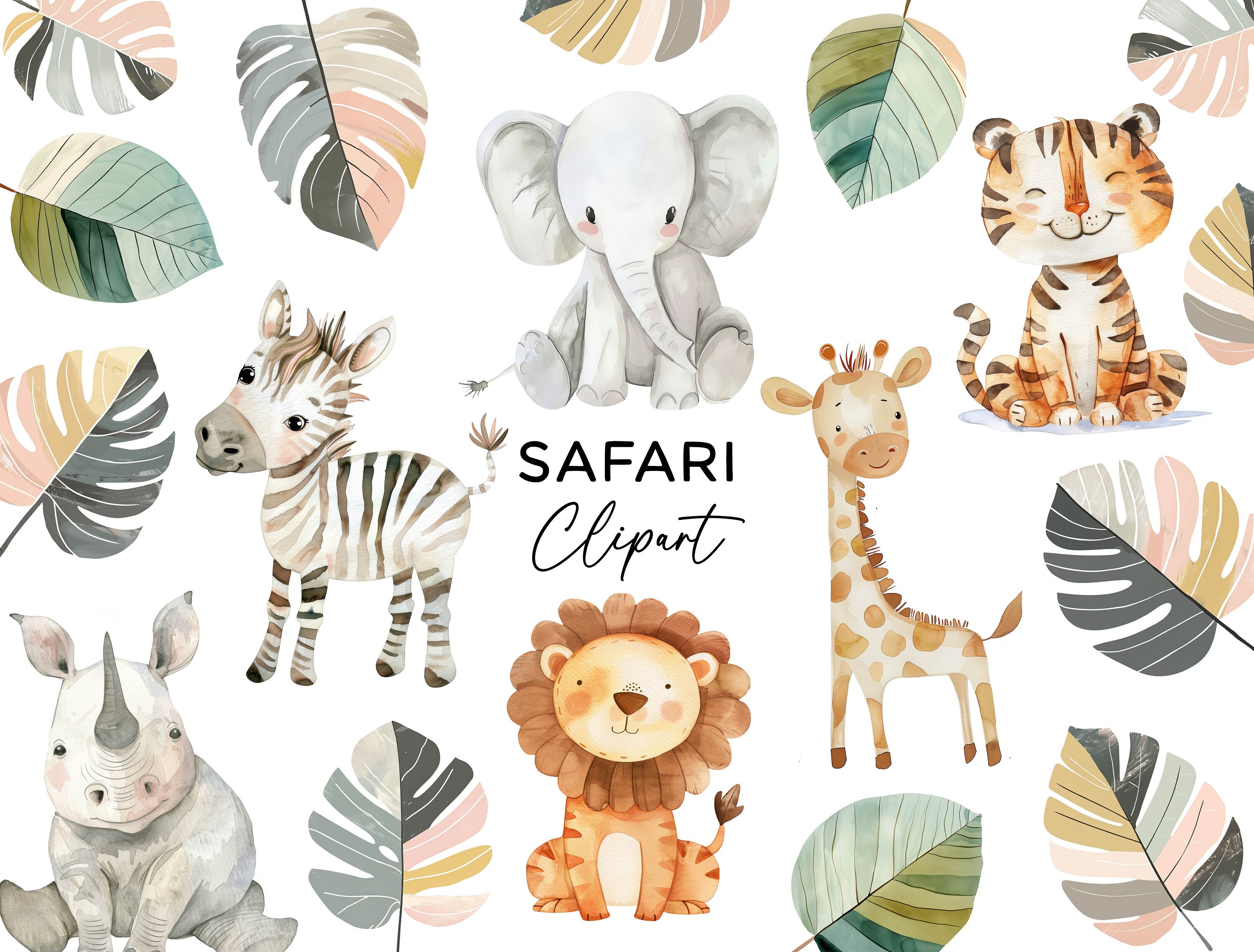 Safari Clipart Bundle Jungle Animals Watercolor Lion Elephant Zebra ...
