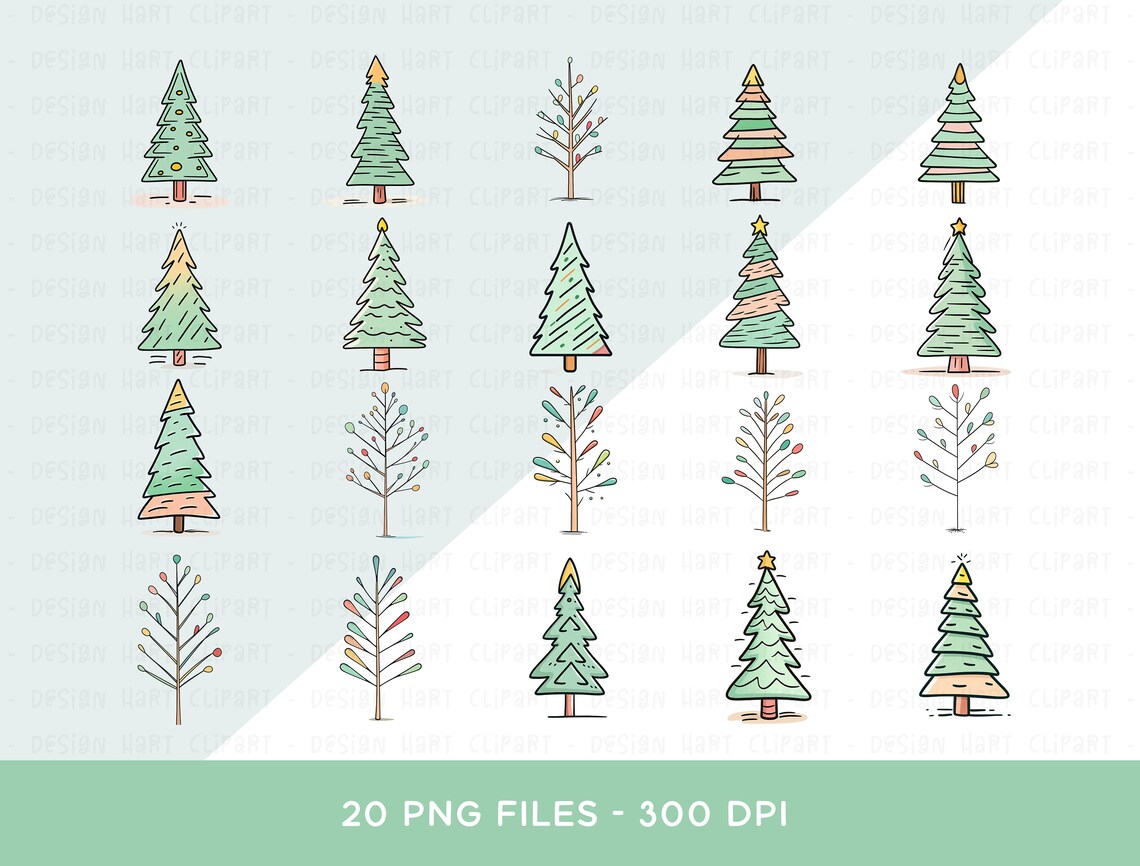 Christmas Tree Clipart Bundle Set, Cute Cartoon Xmas Trees Pastel ...