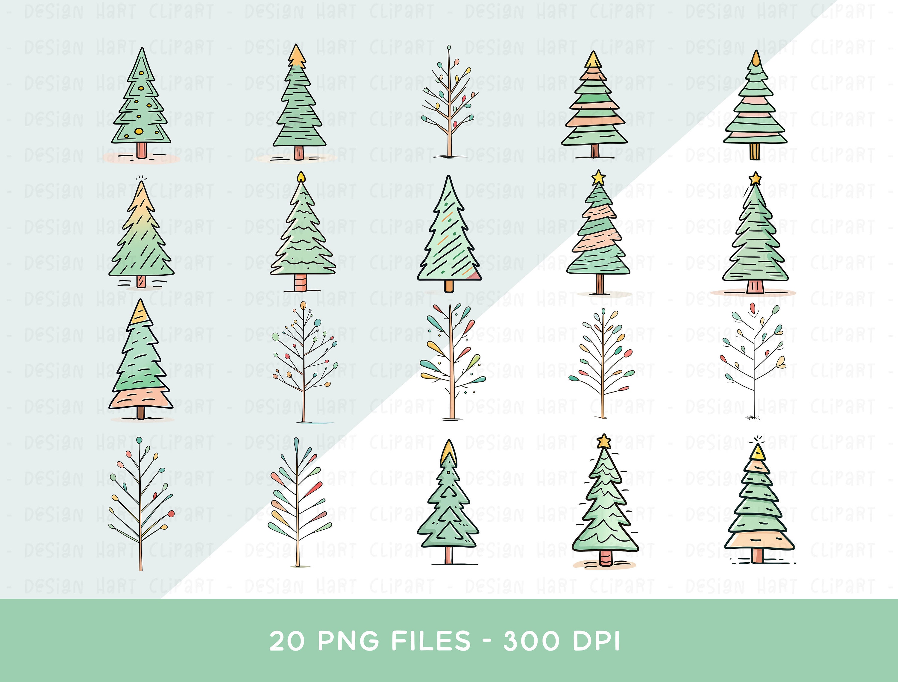 Christmas Tree Clipart Bundle Set, Cute Cartoon Xmas Trees Pastel ...