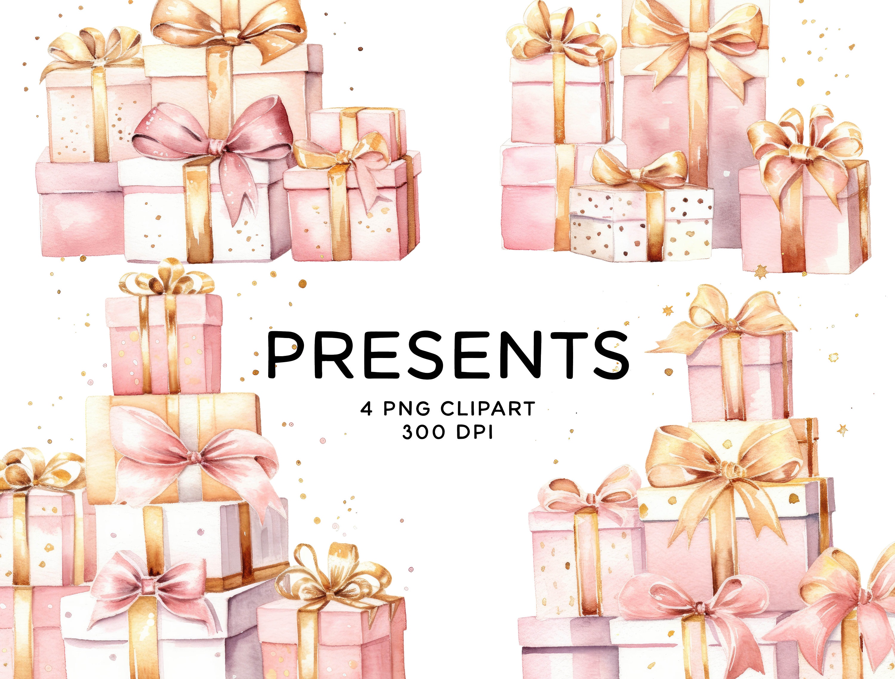 Presents Clipart Bundle, Pastel Pink & Gold Gift Boxes, PNG Commercial ...