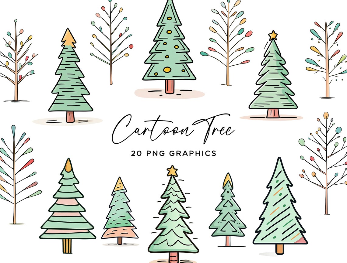 Christmas Tree Clipart Bundle Set, Cute Cartoon Xmas Trees Pastel ...