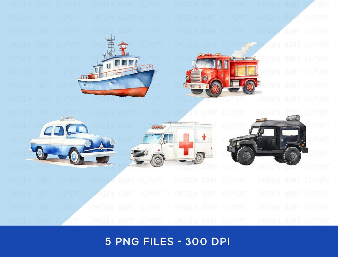Vehicles Clipart Bundle - Watercolor Emergency Vehincles Ambulance ...