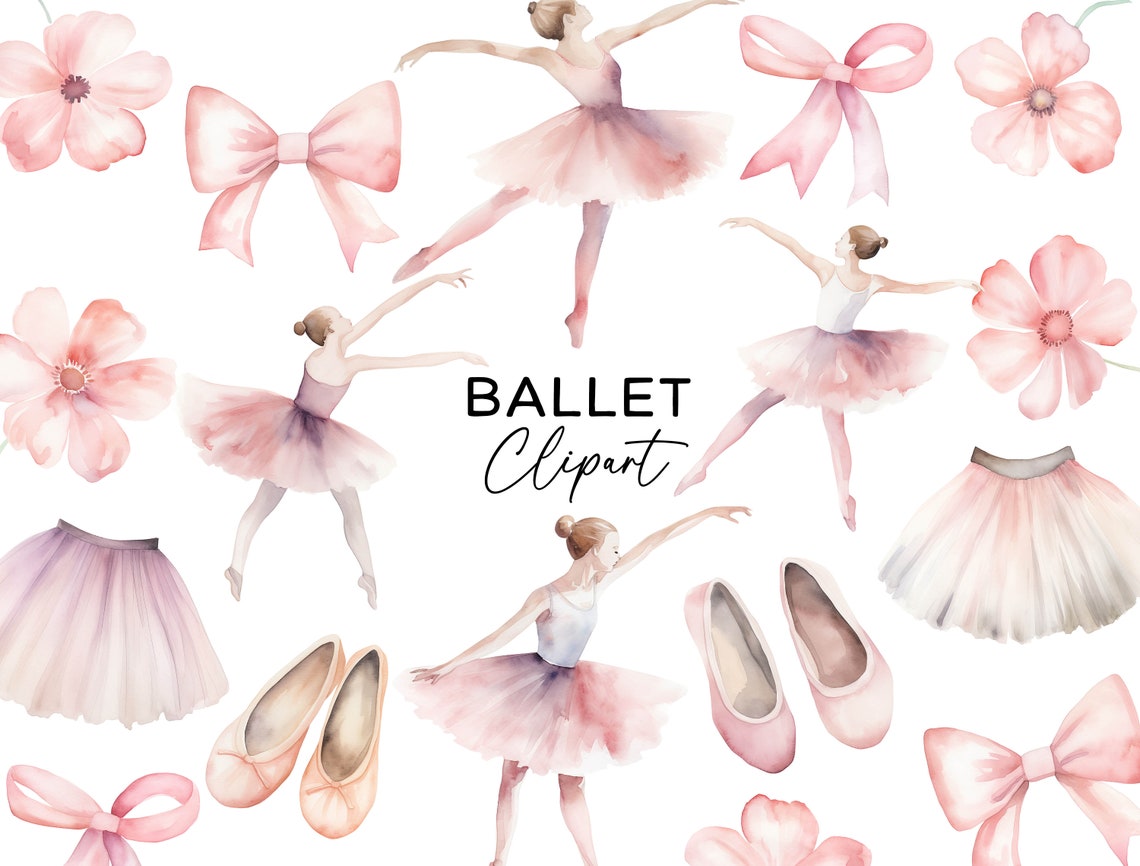 Ballet Clipart Bundle Set, Ballerina Dancer Watercolor Tutu Floral Bow ...