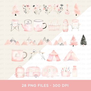 Pink Camping Clipart Bundle, Watercolor Adventure Camper Tent Campfire ...