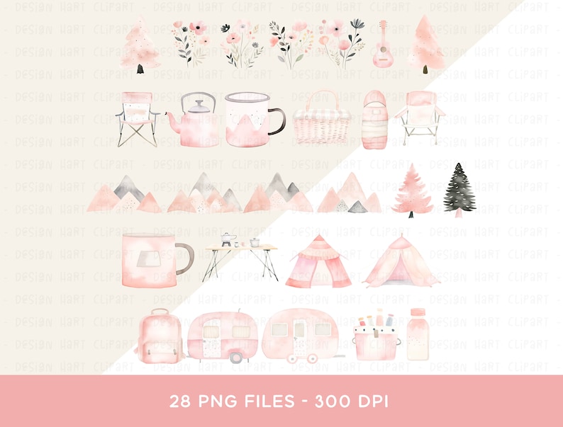 Pink Camping Clipart Bundle, Watercolor Adventure Camper Tent Campfire ...
