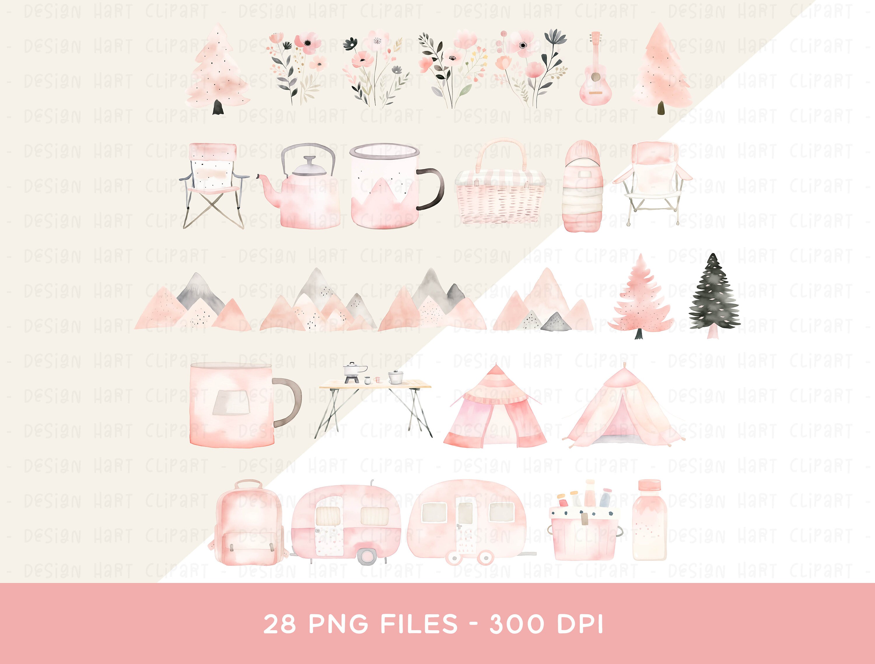 Pink Camping Clipart Bundle, Watercolor Adventure Camper Tent Campfire ...