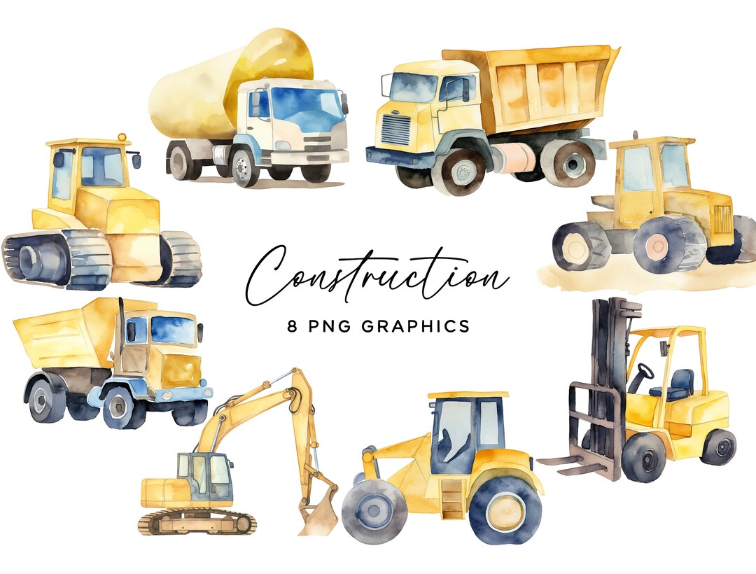 Construction Clipart Bundle, Vehicles Watercolor Digger Excavator Dump ...