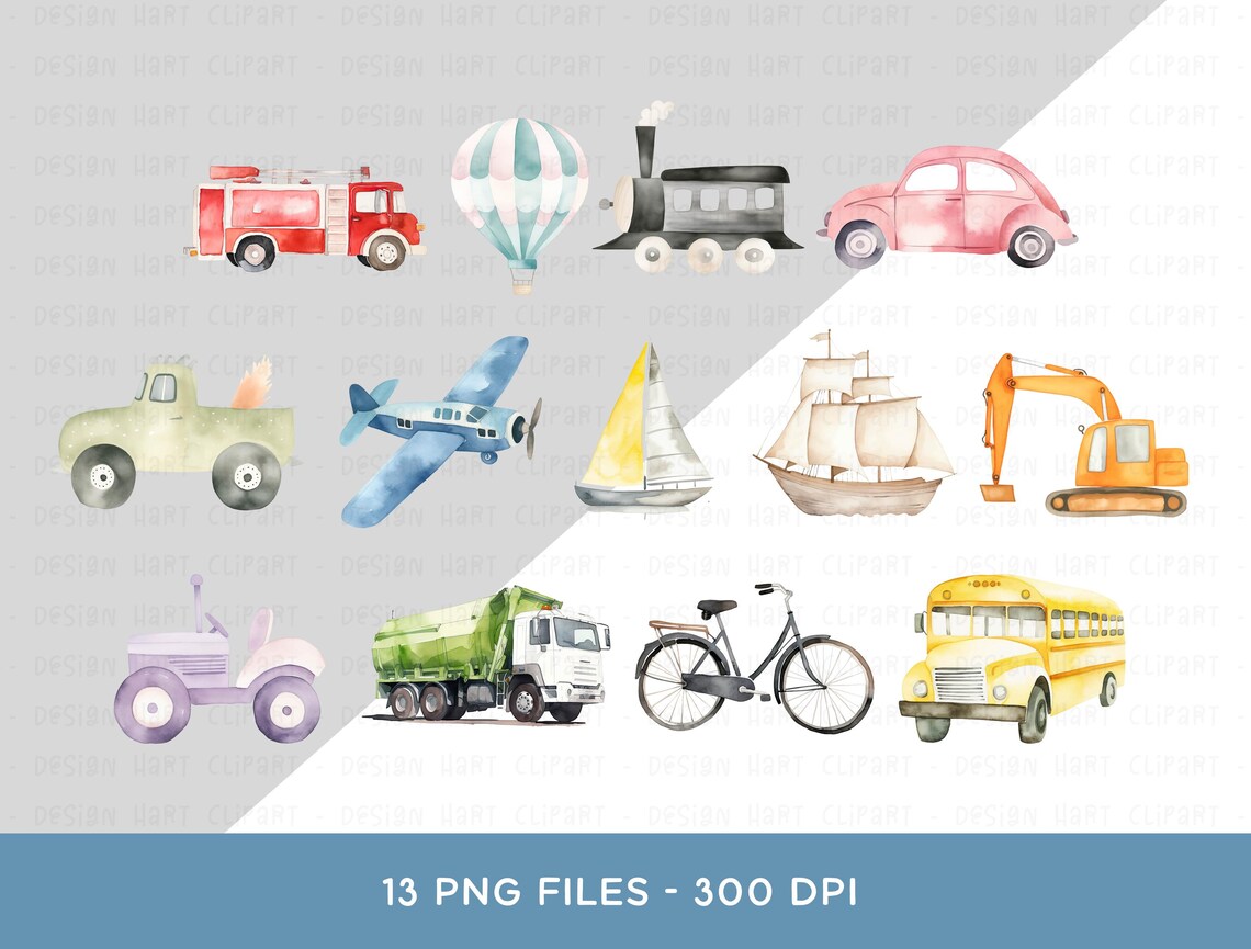 Transport Clipart Bundle Set, Watercolor School Bus Car Plane Train ...