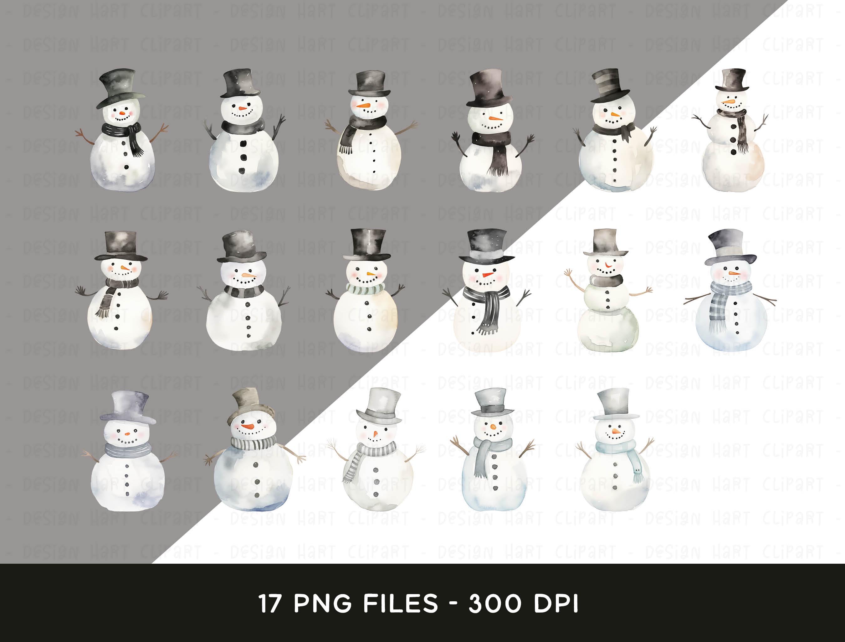 Snowman Clipart Bundle, Watercolor Black Scarf Winter Holiday Christmas ...