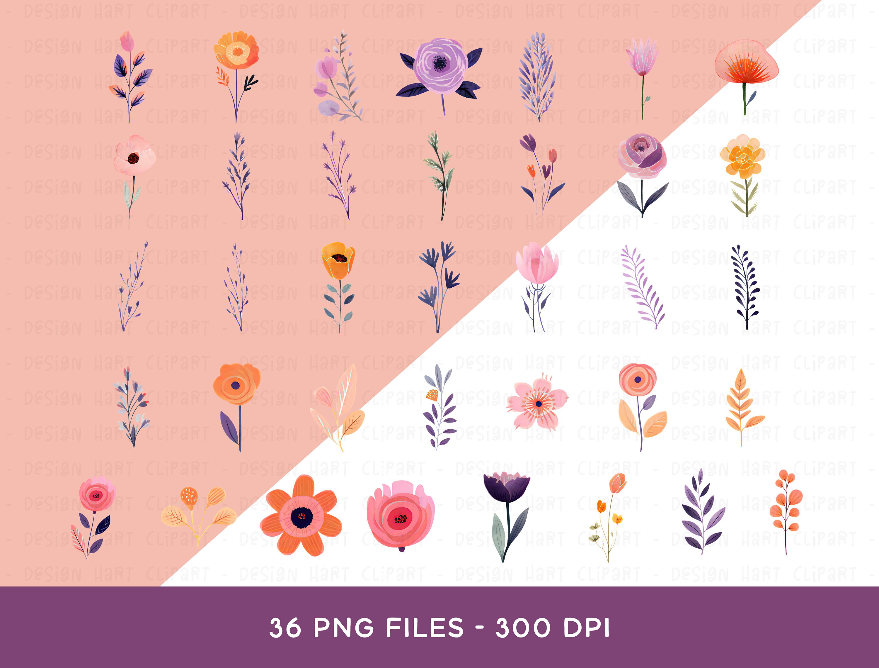Floral Clipart Bundle Set, Folk Flowers Botanical Colorful Boho Spring ...