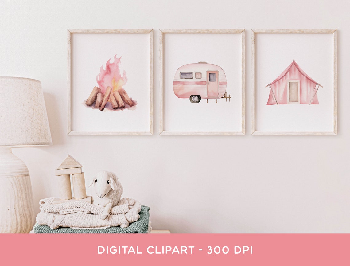 Pink Camping Clipart Bundle, Watercolor Adventure Camper Tent Campfire ...